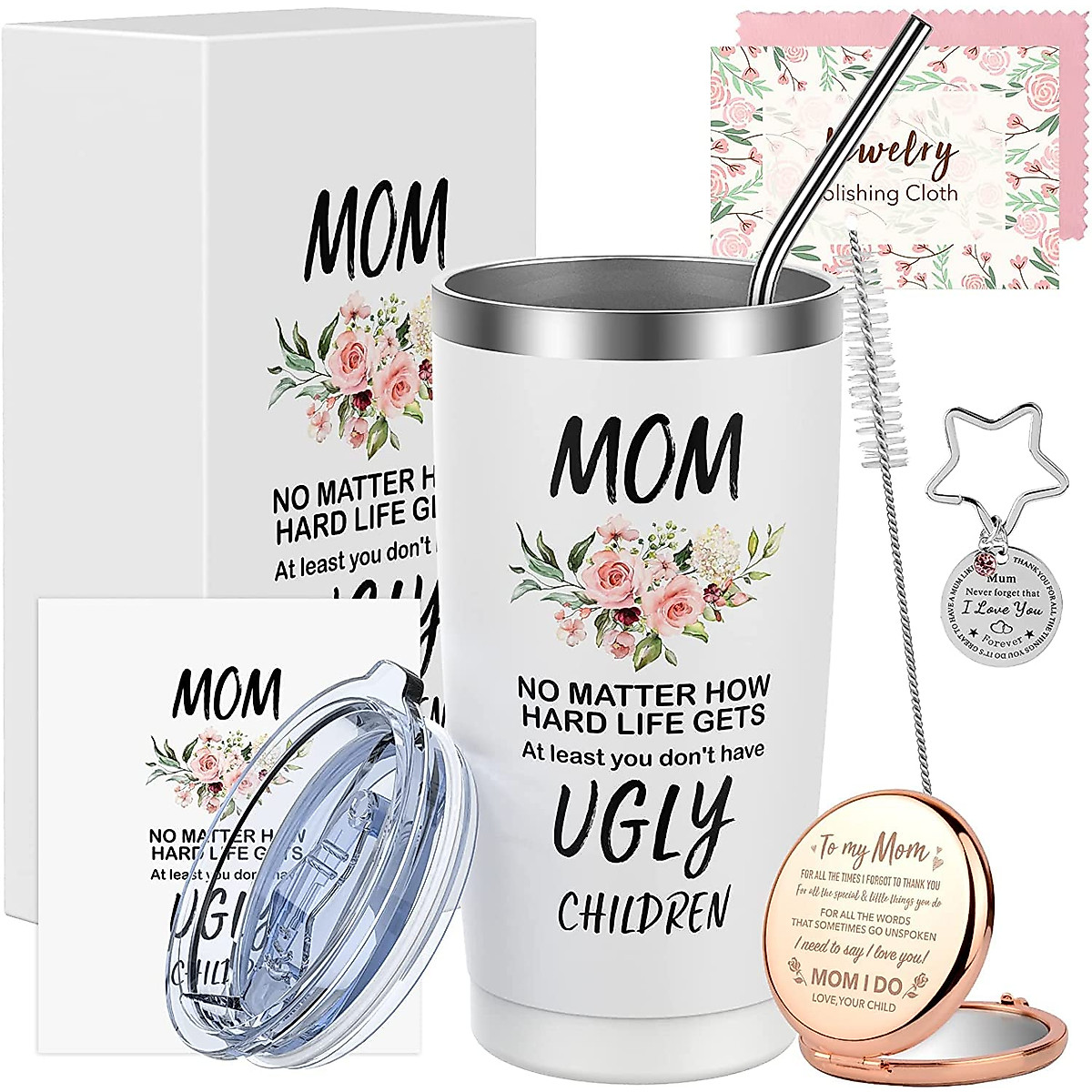 ABROML Mom Gifts Presents for Mom Birthday Gifts Mothers Day Gifts From Daughter, Son, Birthday Gifts for Mom, Valentines Day Gifts for Mom, 20oz Wine Tumbler with Rose Gold Mirror, Keychai (Style 1)