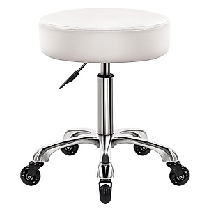 WKWKER Heavy Duty Rolling Stool with Wheels Hydraulic Swivel Adjustable Rolling Stool Ergonomic Thick Leather Seat Stool Chair for Kitchen Drafting Lab Office Salon Message Stool – White