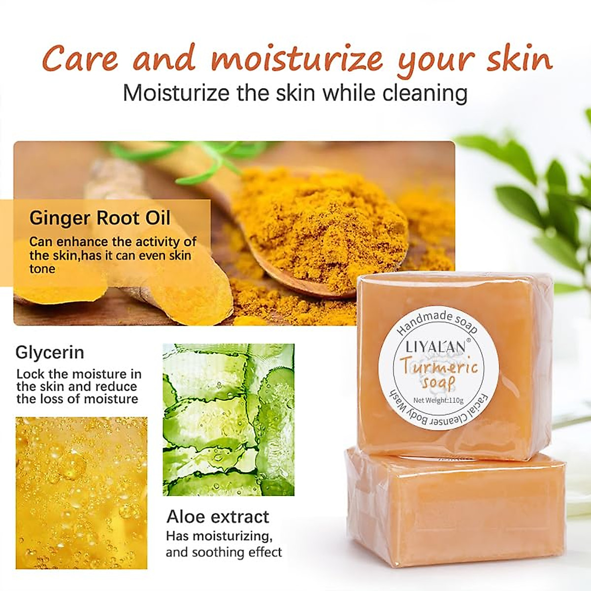 LIYALAN Turmeric Soap Bar(3.88 oz / 2 Bars) for Face & Body-Turmeric Soap,Smooth Skin,Cleansing Natural Handmade Soap Sensitive Skin Formula, Vegan Soap