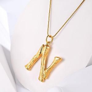 FOCALOOK Statement Bamboo Necklace, 14K Gold Plated Initial Name Pendant Necklace for Women - Big Bamboo Letter Charm Necklace(With Gift Box)