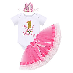 Baby Girl's My 1st Birthday Outfit Flower Printed Cotton Short Sleeve Romper Bodysuit Princess Tutu Tulle Skirt Crown Headband 3pcs Set One Year Old Party Cake Smash Photo Shooting Props Pink