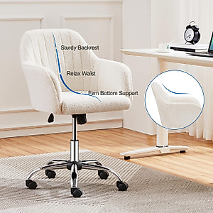 Yaheetech Boucle Vanity Chair Desk Chair Comfy Modern Accent Chair Mid Back Ergonomic Office Chair Height Adjustable Swivel Computer Chair for Bedroom with Arms Ivory