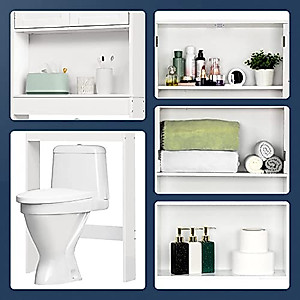 VINGLI Bathroom Organizer Over Toilet Bathroom Storage Cabinet Above The Toilet Shelf with Acrylic Glass Double Doors Adjustable Shelf Free Standing Wooden Space Saver Collect Home Furniture