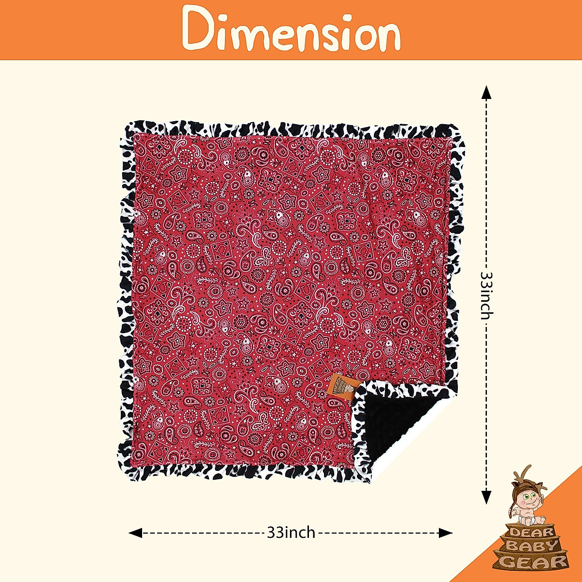 Dear Baby Gear Farm Deluxe Baby Blanket - Reversible, Milestone & Newborn Gifts for Girls and Boys - Red Handkerchief Blanket with Black Dot and Cow Print Ruffle - 33 x 33 Inches