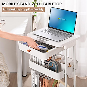 TOOLF Rolling Storage Cart with Drawer & Table Top, 3 Tier Metal Rolling Utility Cart, White Rolling Cart Organizer for Teacher Craft Baby Nursery, Utility Cart for Kitchen Bathroom Bedside Office