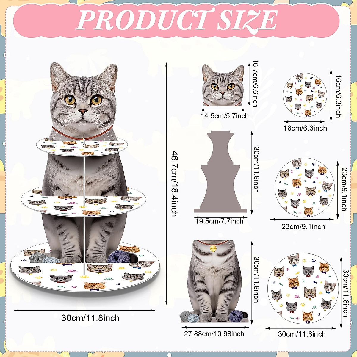 Pasimy Cat Cupcake Stand Party Decorations Cat Theme Cupcake Holder Cardboard 3 Tier Kitten Birthday Party Cake Decorations Pet Lover Dessert Stand for Cat Birthday Party Baby Shower Supplies