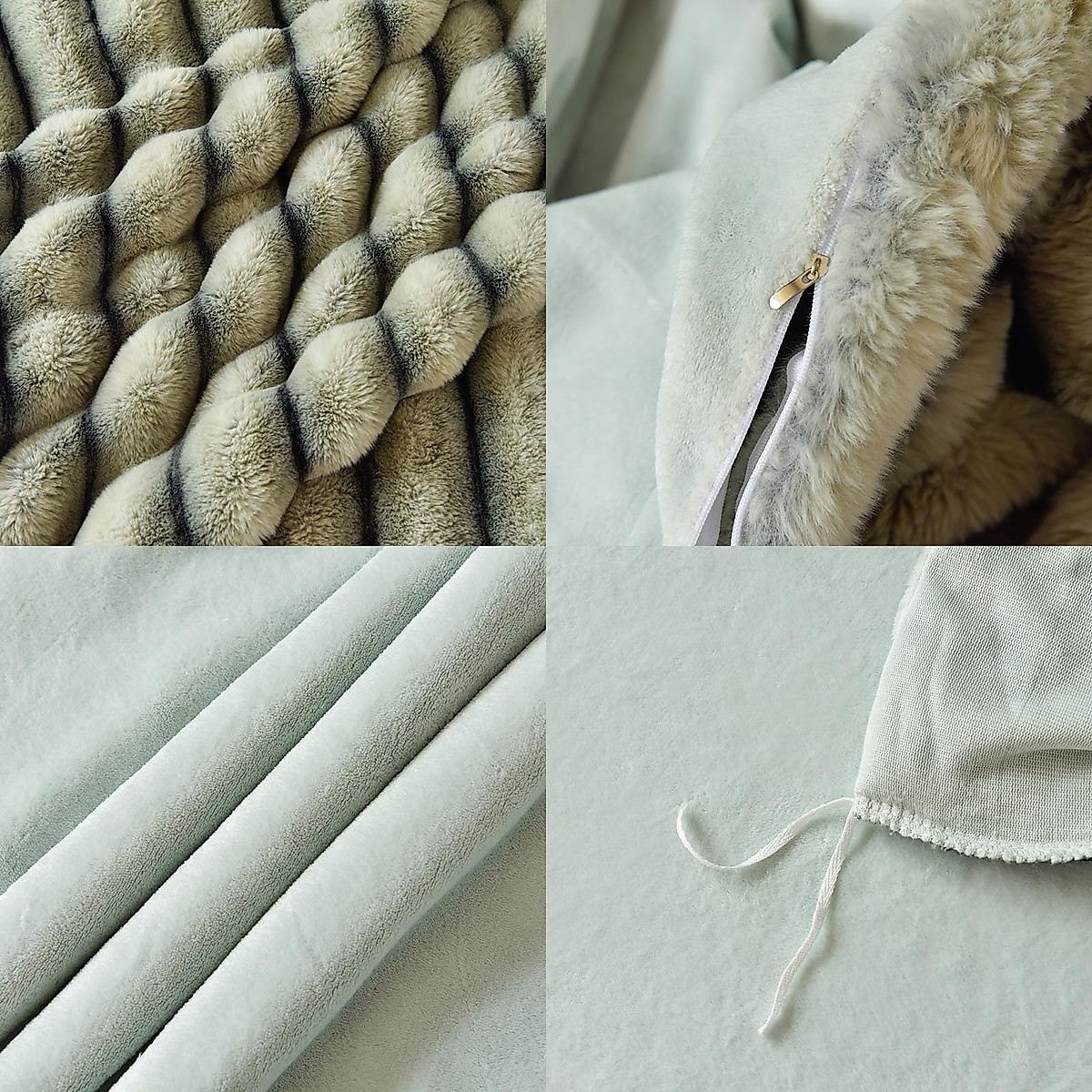 CMSD-LJC Striped Fluffy Duvet Cover - Ultra Soft Plush Duvet Cover Queen Size - Warm Faux Fur Rabbit Bedding Set for Winter, 1 Duvet Cover & 2 Pillowcases, Comforter Not Included (Green-A)