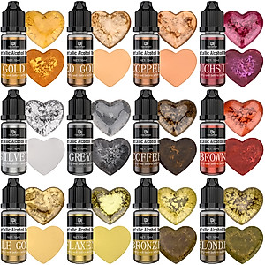 Metallic Alcohol Ink Set - 12 Metal Color Alcohol-Based Inks for Epoxy Resin Art, Painting - Concentrated Shimmer Alcohol Paint Color Dye for Resin Petri Dish Making, Yupo, Tumbler Making - 10ml Each
