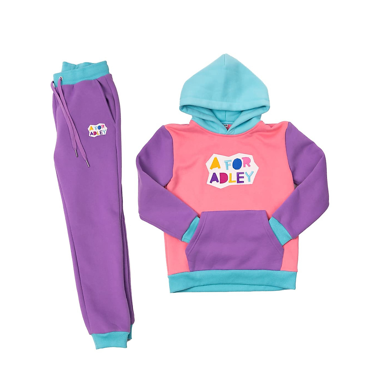 A FOR ADLEY Merch Super Soft Matching Color Block Fleece Set With Embroidered Logo on Top and Bottom (as1, alpha, s, regular)