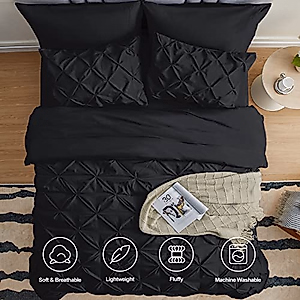 CozyLux Queen Comforter Set - 7 Pieces Comforters Queen Size Black, Pintuck Bed in A Bag Pinch Pleat Complete Bedding Sets with All Season Comforter, Flat Sheet, Fitted Sheet and Pillowcases & Shams