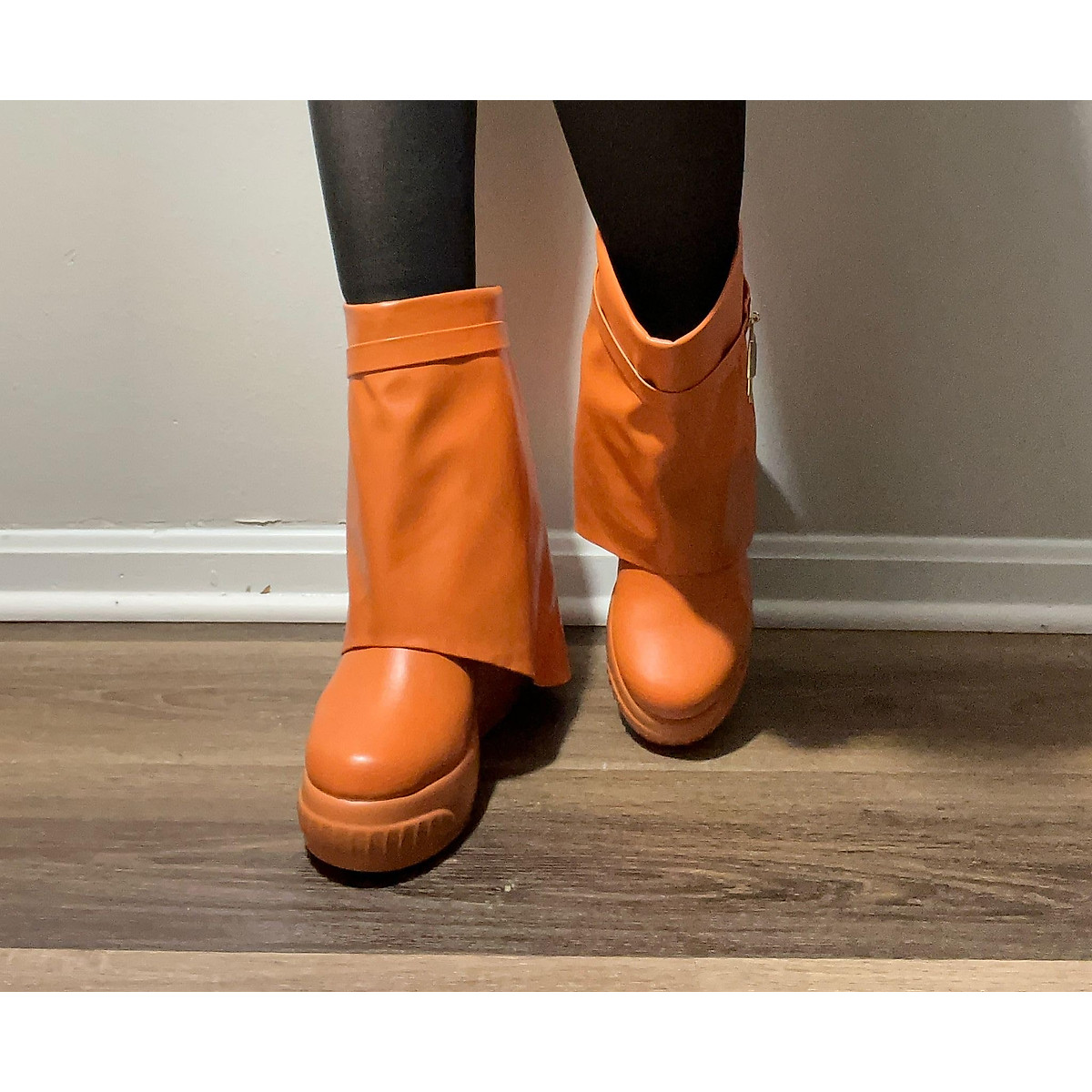 Liliana Women Round Toe Wedge Heel Fold Over Mid-calf Boots Brook-1 Orange Pu 8.5