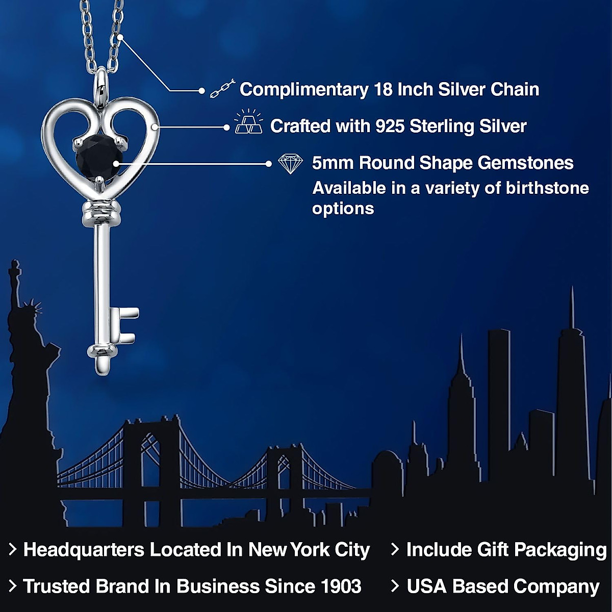 Gem Stone King Heart Key Pendant Necklace For Women In 925 Sterling Silver | Round 5MM | Gemstone Birthstone | Mom Wife Birthday Anniversary Graduation Gifts | With 18 Inch Silver Chain