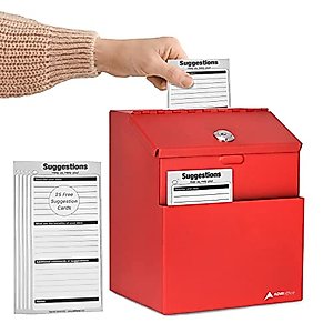 Adir Wall Mountable Steel Suggestion Box with Lock - Donation Box - Collection Box - Ballot Box - Key Drop Box - Safe Storage Box with 25 Suggestion Cards (Red)