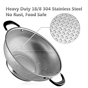 18/8 Stainless Steel Colander, Easy Grip Micro-Perforated 5-Quart Colander, Strainer with Riveted and Heat Resistant Handles, BPA Free. Great for Pasta, Noodles, Vegetables and Fruits