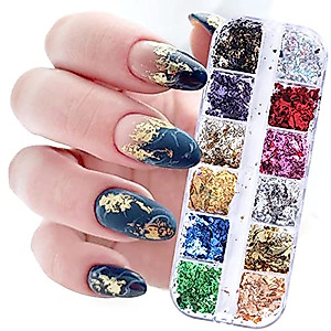 12 Grids Gold Nail Art Foils Flakes Holographic Nail Glitter Sequins Gold Silver Laser Shiny Design Confetti Nail Foil Flakes for Acrylic Nail Charms Decorations Women DIY Nails Art Supplies