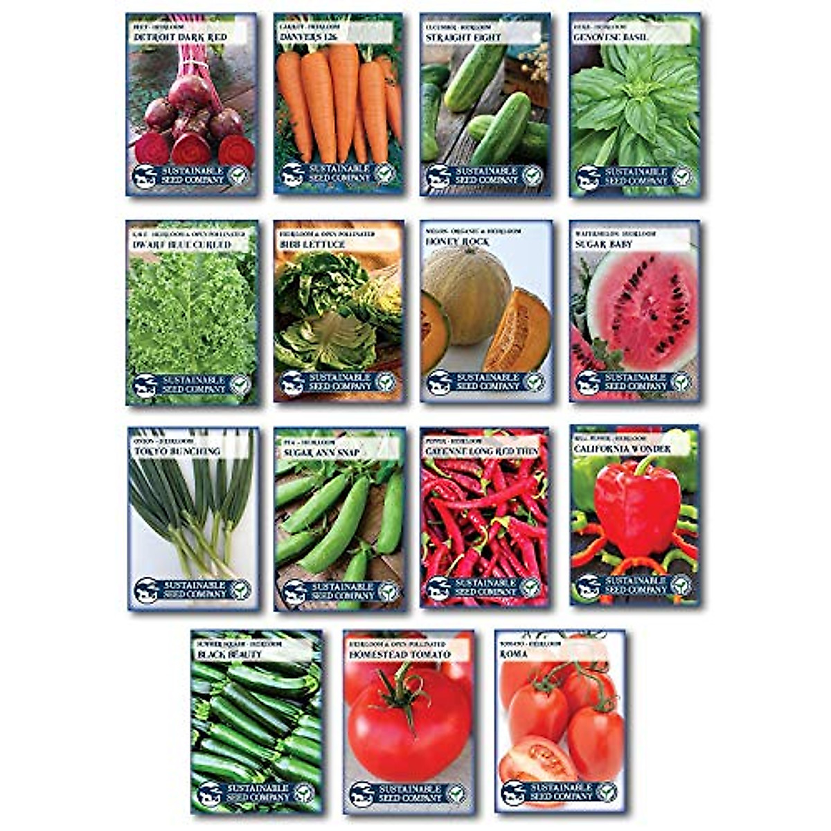 Grannys Garden Heirloom Vegetable Seed Collection - 15 Varieties Non-GMO Heirloom Beet Carrot Cucumber Basil Kale Lettuce Melon Onion Pea Pepper Squash and Tomato Seeds by Sustainable Seed Company