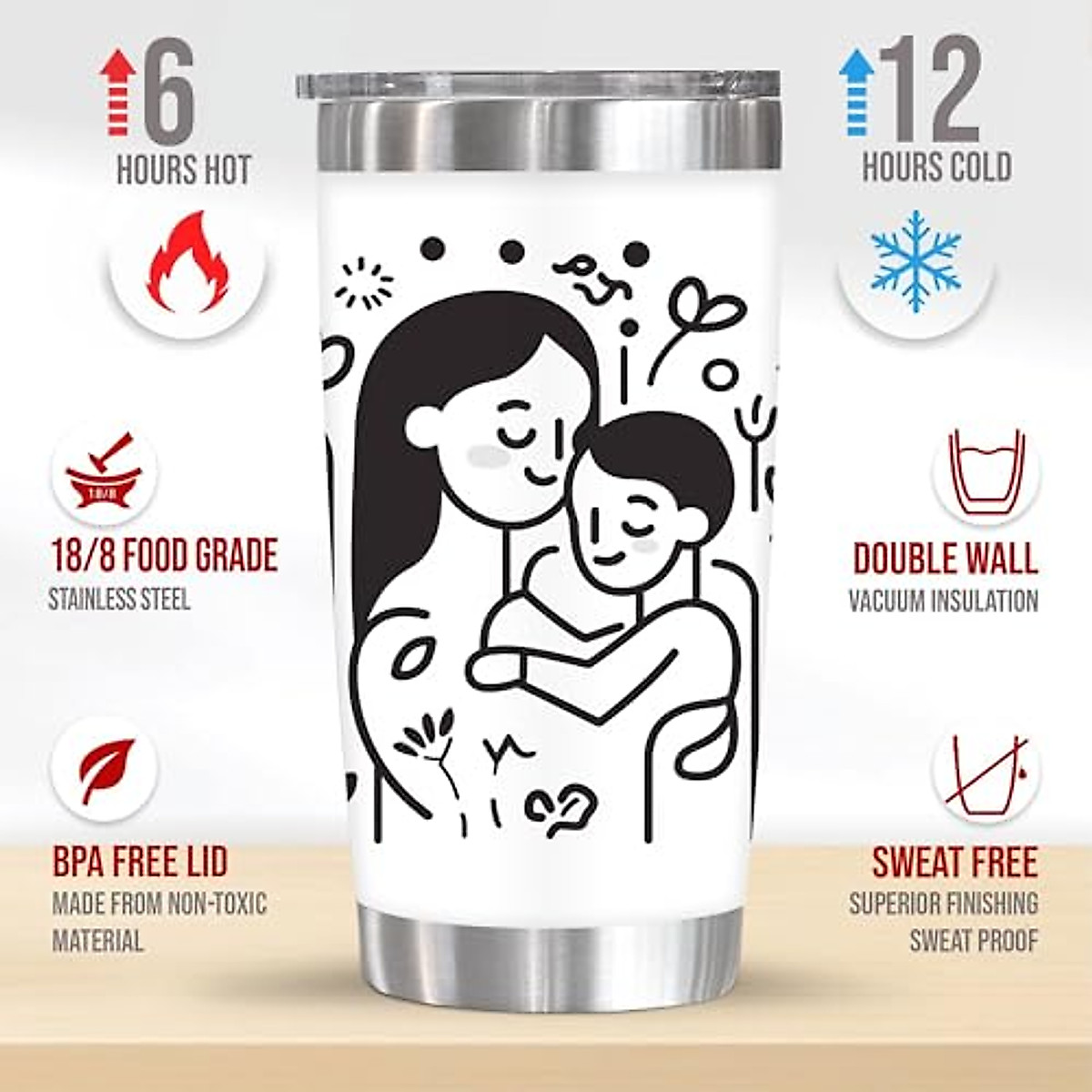 FOCIUZTA 20oz Charming Hand-Drawn Mother and Child with Floral Design Tumbler with lid, Travel Coffee Cup, Ideal for Easter, Mother Day, and birthday gifts