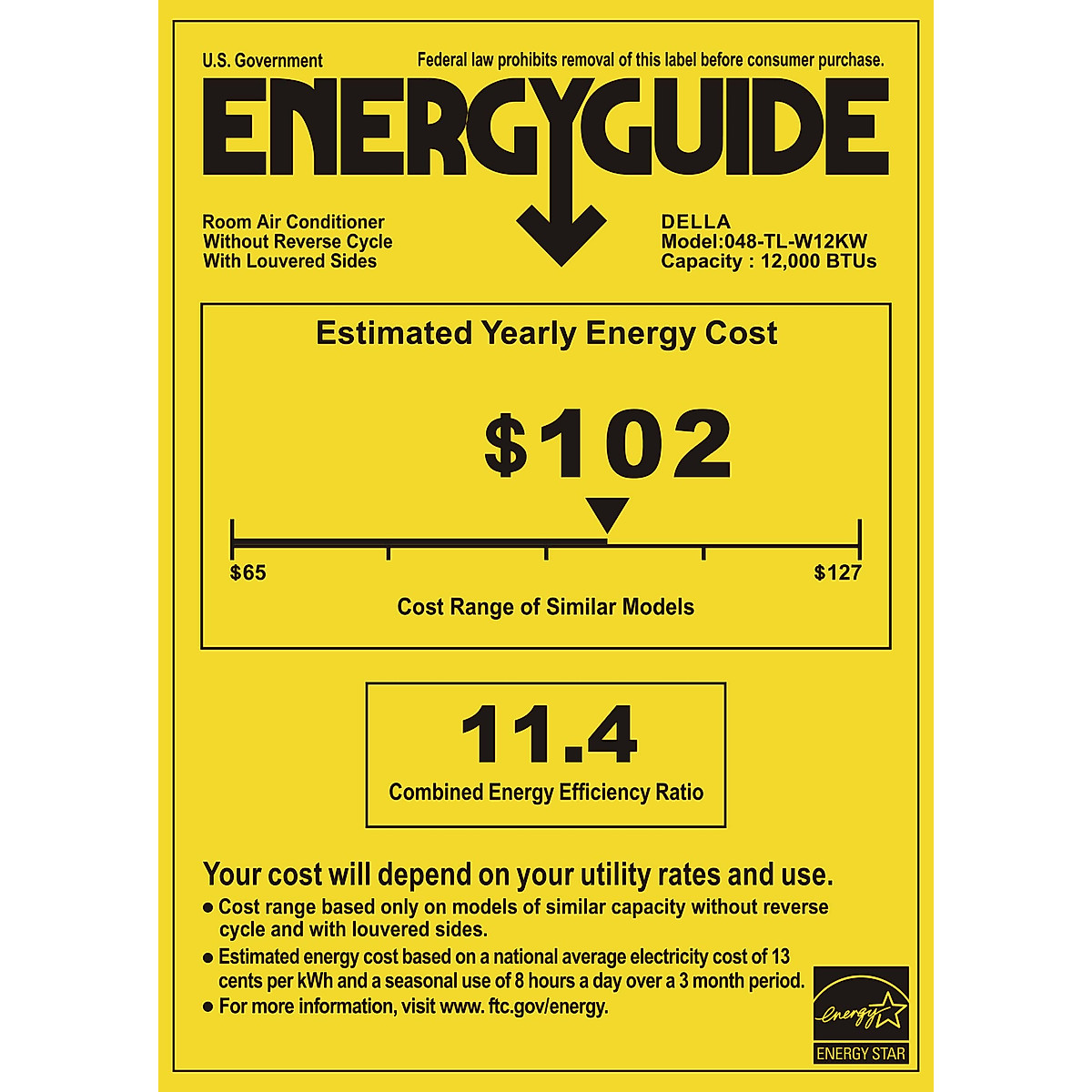 DELLA 12000 BTU 115V/60Hz Energy Saving Window Air Conditioner, Whisper Quiet AC Unit with Smart Controls, Remote, Dehumidifier, Fan, Cools Up to 450 Square Feet