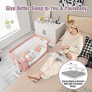 GLACER 3 in 1 Baby Bassinet, Portable Bedside Sleeper w/ Cradle Mode, Removable Mattress, Adjustable Height, Storage Pockets & Lockable Wheels, Newborn Infant Travel Crib Bed w/ Carry Bag, Pink