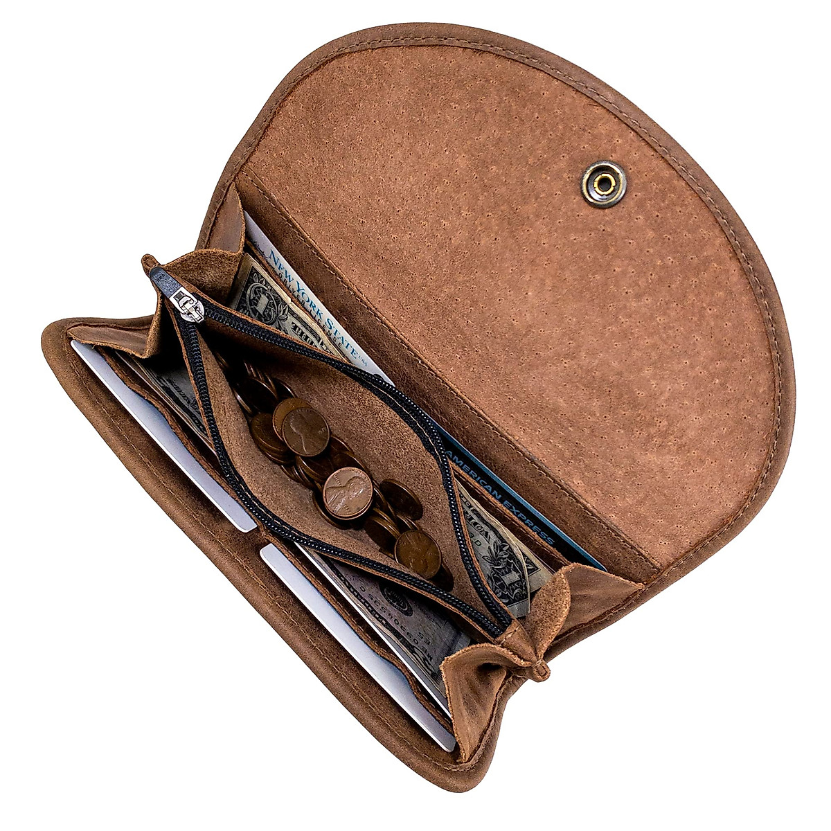 Hide & Drink, Snap Clutch Wallet for Women, Money Holder and Card Organizer with Zippered Pouch, Full Grain Leather, Handmade, Furry