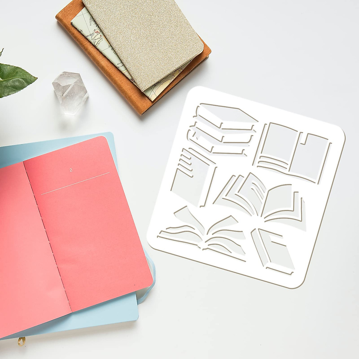 FINGERINSPIRE 4PCS Book Stencils for Painting 5.9x5.9 inch Plastic PET Collection Books Stencil Templates Reusable Stacked Standing Book Drawing Stencil for Office Study Library Wall Decor