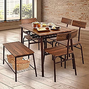 JOMEED 6 Piece Industrial Style Stainless Metal Frame Kitchen Dining Room Table, Chairs, & Bench Furniture Set with Storage, Brown