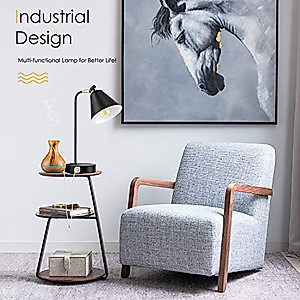 Industrial Dimmable Desk Lamp with 2 USB Charging Ports AC Outlet, Touch Control Bedside Nightstand Reading Lamp Flexible Head, Black Metal Table Lamp for Bedroom Office Living Room, Bulb Included