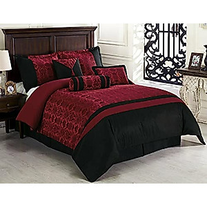 Chezmoi Collection Dynasty Jacquard 7-Piece Comforter Set Black/Red (Queen)