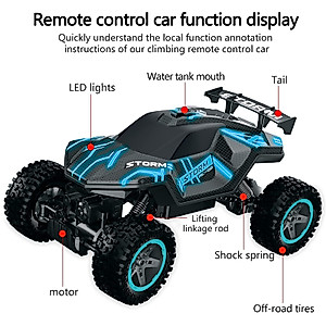 RC Cars Remote Control Car 1:16 4WD Off Road Rock Crawler, 2.4GHz All Terrain Monster Truck with Rear Fog Stream 5 LED Lighting Modes, 2 Battery for 60 Min Play, Toy Car Gift for Kids and Adults