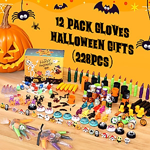 NatuBeau 228 Pcs Halloween Party Favors for Kids, Non-Candy Halloween Treat Bag Fillers, 12 Pack Gloves Trick or Treat Toys in Bulk, Halloween Gifts for Classroom Prizes Halloween Party