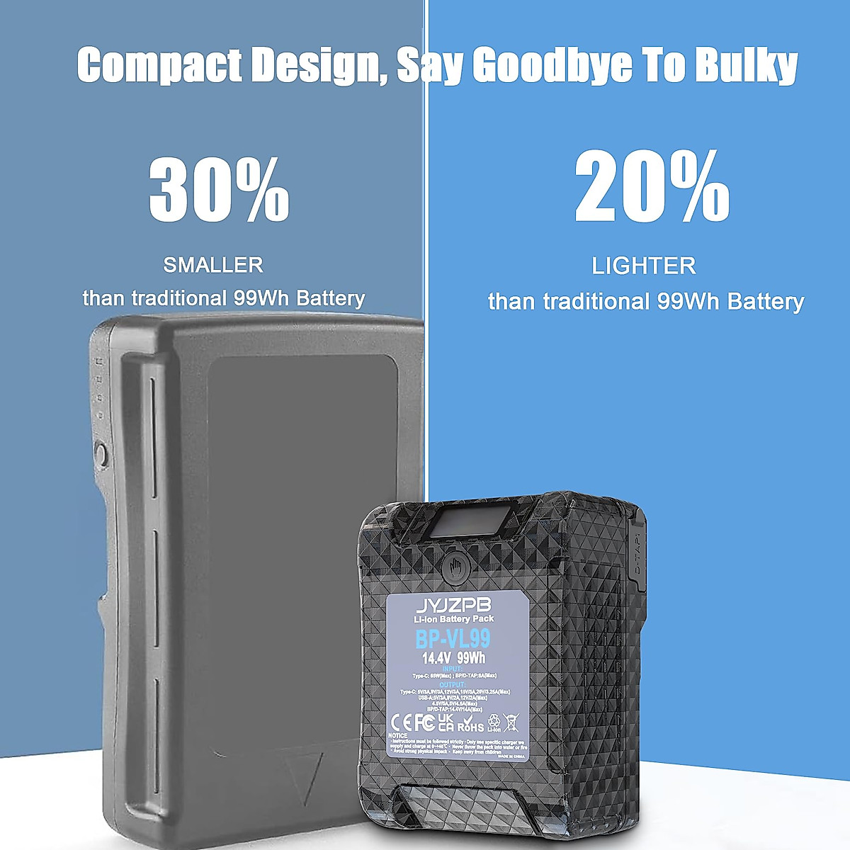 JYJZPB V Mount Battery, Mini V Lock Battery Upgraded 99Wh 14.8V 6800mAh with D-Tap/USB-A/BP Output&LCD Display, Small Portable VMount Battery for Camera Camcorder Broadcast BMPCC, Dtap-Mini-Battery