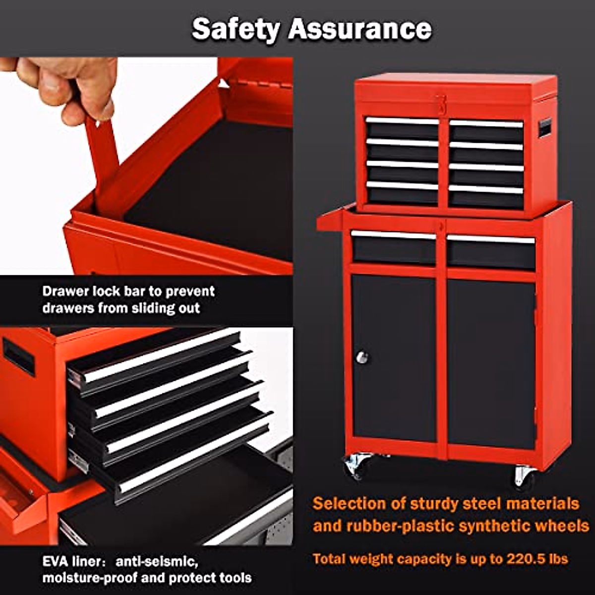 Goplus Rolling Tool Chest, 5-Drawer Tool Box Organizer w/Lockable Wheels & Sliding Drawers & Detachable Top & Adjustable Shelf, Tool Storage Cabinet for Garage Workshop (Red+Black)
