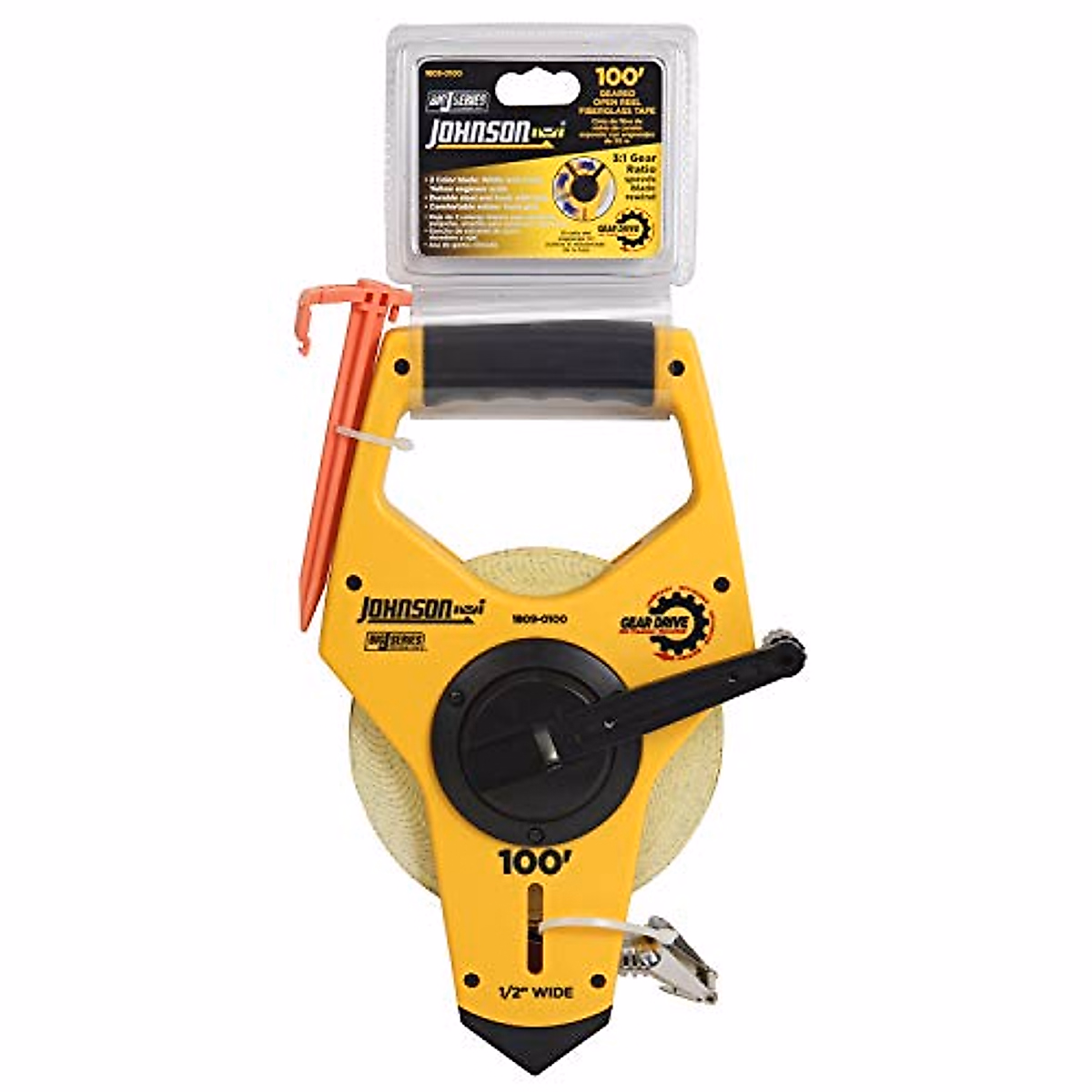 Johnson Level & Tool 1809-0100 Geared Open Reel Fiberglass Tape, 100', Yellow, 1 Tape