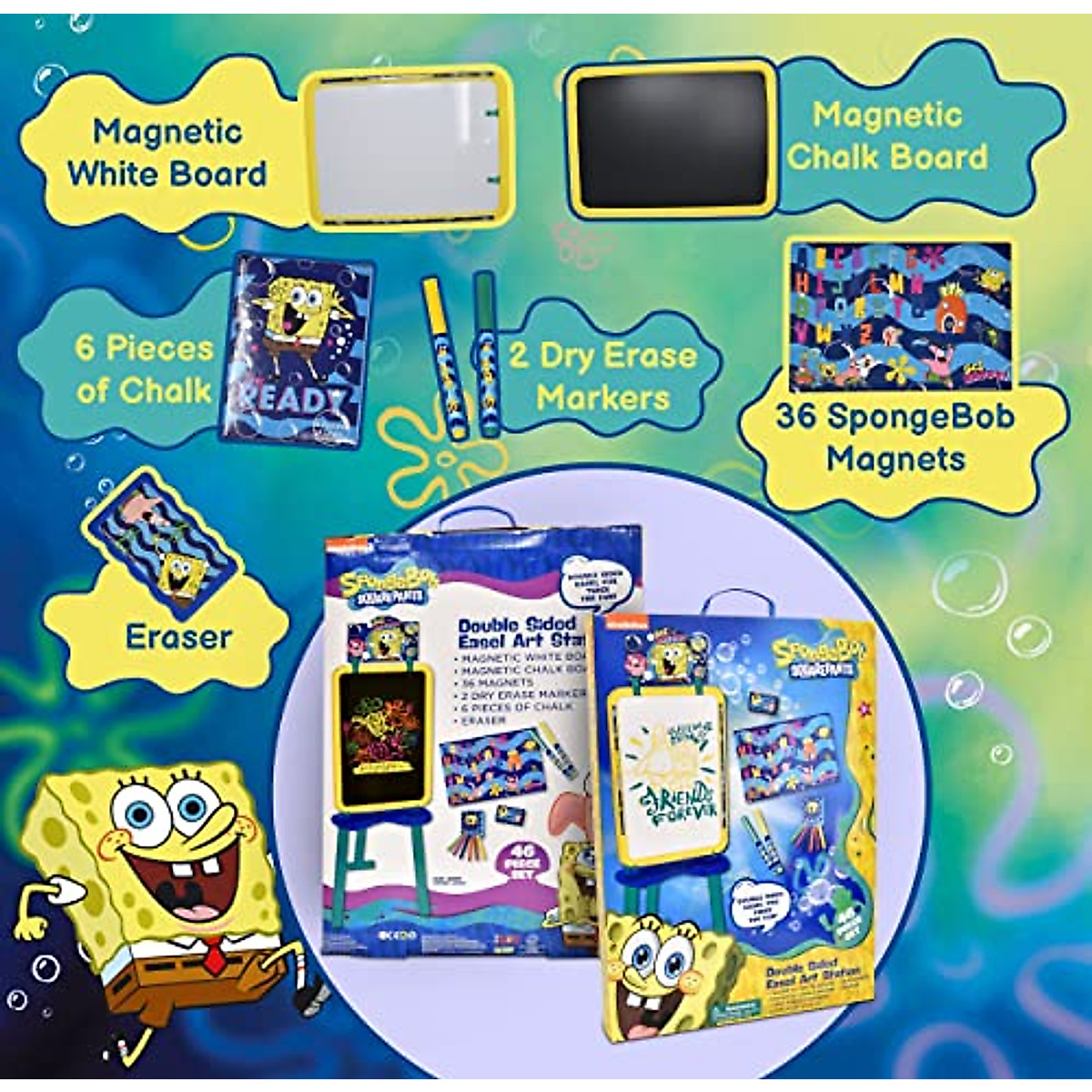 Spongebob Standing Art Easel for Kids, Toddler Drawing Dry Erase Magnetic Whiteboard, Chalkboard, Accessories and Number 1 in Service Tissue Pack (47 Pieces)