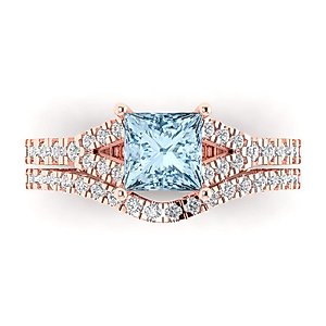 Clara Pucci 2.01ct Princess Cut Solitaire Real Aquamarine Engagement Promise Anniversary Bridal Ring Band set Curved 18K Rose Gold 9.25