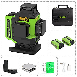Huepar 4x360 Laser Level Self-leveling 16 Lines Green Beam 4D Cross Line Tiling Floor Tool-2 x 360 Horizontal & 2 x 360 Vertical Laser Lines with Two Li-ion Batteries and Hard Carry Case-LS04CG