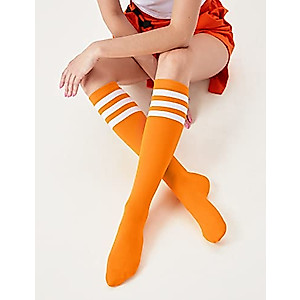 Joulli Women's Knee High Athletic Socks Stripe Tube Outdoor Sport Socks 3 Pairs, Orange