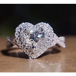 Gixaxak 18K White Gold Plated 925 Silver 5A Heart Zircon Stone 925 Silver Engagement Wedding Band Ring for Women Luxury Micro Inlaid Heart-Shaped Simulation Diamond Ring 6