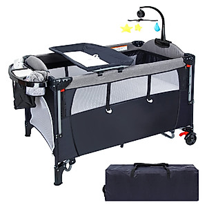 LemoHome 5 in 1 Baby Bassinet Bedside Sleeper,Portable Baby Crib,Rocking Bassinet for Baby,FolableTravel Playard with Bassinet, Mattress, Diaper Changer and Music Mobile for Newborn, Infant, Toddler