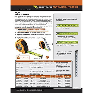 Keson PG181025UB Short Tape Measure with Nylon Coated Ultra Bright Steel Blade (Graduations: 1/10, 1/100 & ft., in., 1/8), 1-Inch by 25-Foot