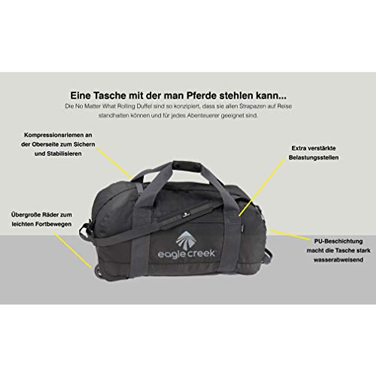 Eagle Creek No Matter What Rolling Duffel Bag XL - Featuring Durable Water-Resistant Fabric, Bar-Tacked Reinforcement, and Heavy Duty Treaded Wheels, Black - X-Large