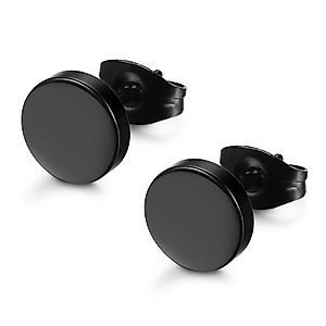 FIBO STEEL Stainless Steel Black Stud Earrings for Men Women, 8mm