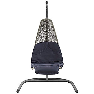 Modway Landscape Wicker Rattan Outdoor Patio Porch Chaise Lounge Hanging Swing Chair Set with Stand in Light Gray Navy