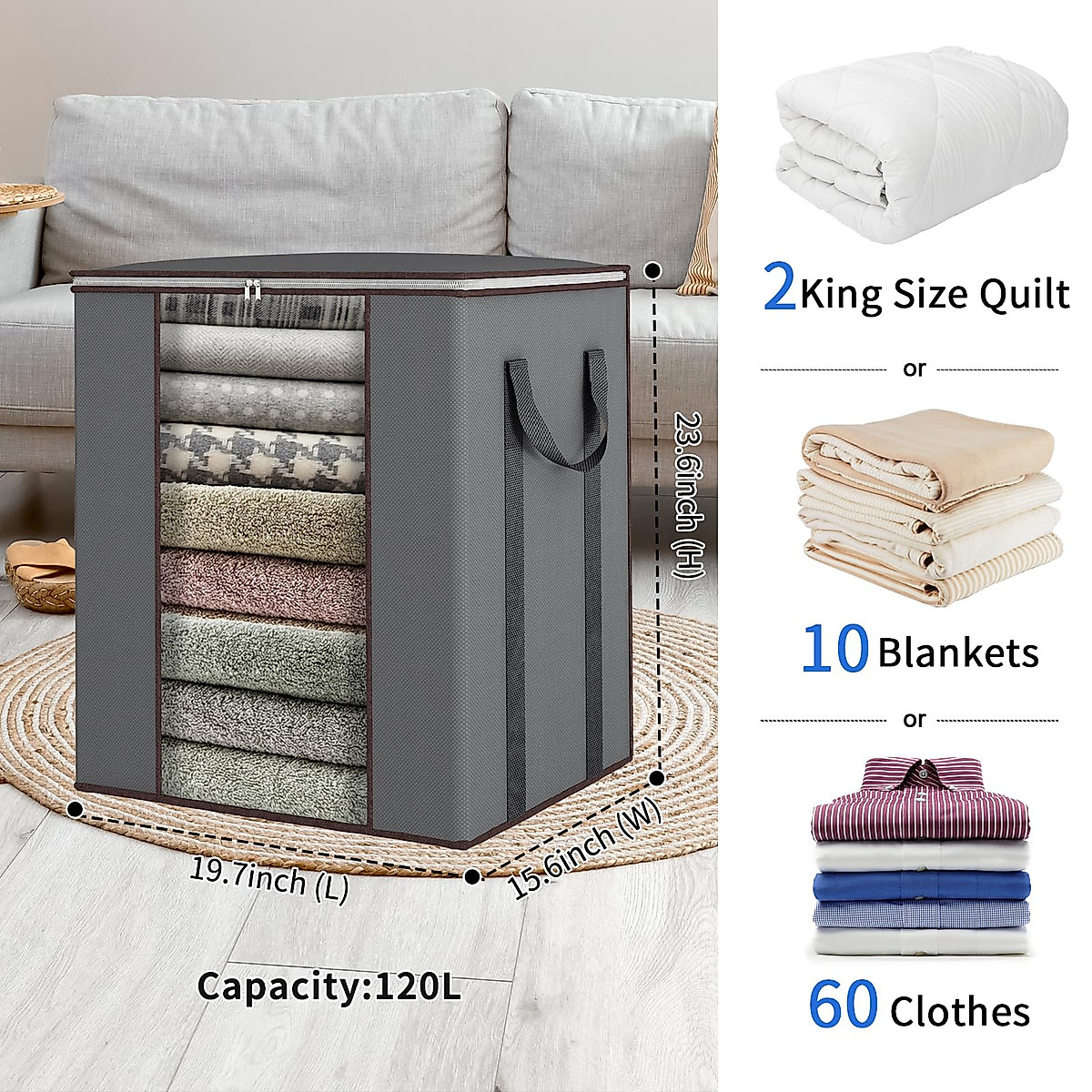 Fixwal Extra Large Blanket Storage Bags 120L Comforter Storage Bags with Reinforced Handles Breathable Clothes Storage Containers for King Comforter Bedding Pillow Sheet Grey