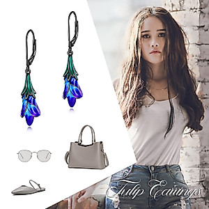 CRMAD Tulip Leverback Earrings for Women Sterling Silver Purple Tulip Flower Dangle Handmade Earring