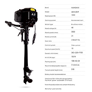 Electric Trolling Motor With 48V 1000W Thrust, Boat Fishing Motor w/Three-blade Propeller, Main Shaft Length & Angle Be Adjusted To Suit 2 Variable Speed Lower Noise For Kayak, Inflatable Fishing Boat