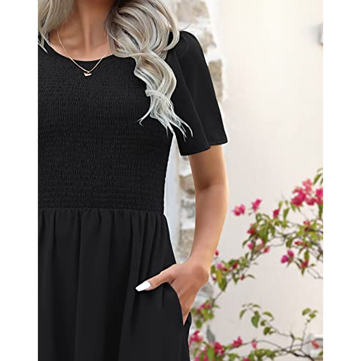 Ellakoko Summer Dresses for Women 2023 Casual Short Sleeve Modest A Line Crew Neck Ruffle Tiered Smocked Midi Black Dress Solid Black M