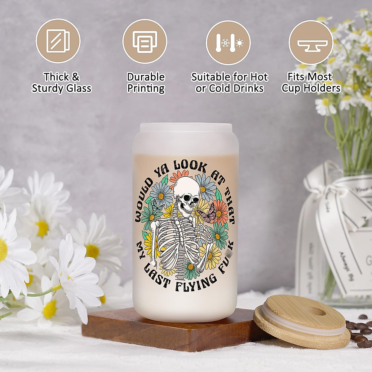 GSPY Skeleton Cup, Halloween Glass Cups with Lids and Straws - 16 oz Iced Coffee Cups, Funny Spooky Skull Tumbler - Witchy Gifts for Women - Christmas, Halloween Gifts for Friend, Sister, Mom