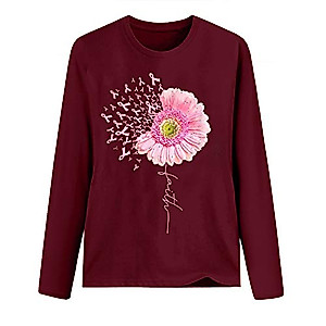 Women Breast Cancer Awareness Shirt Pink Ribbon Rose Graphic Tee Shirt Long Sleeve Pullover Tops Fall Sweatshirts