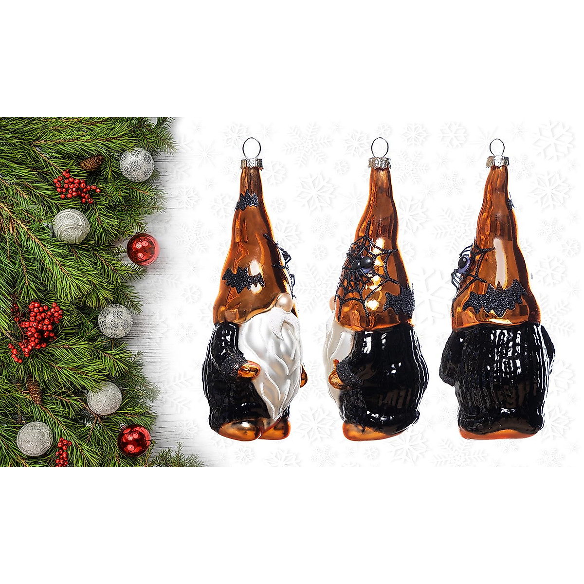 Set of 2 Hand Blown Glass Halloween Gnomes Ornaments for Christmas Tree Decorations, Hanging Glass Halloween Gnome Christmas Ornaments